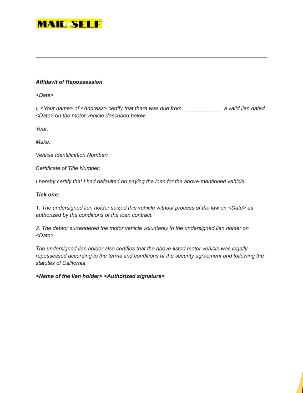 Affidavit Of Repossession: How To, Templates & Examples | Mail To Self