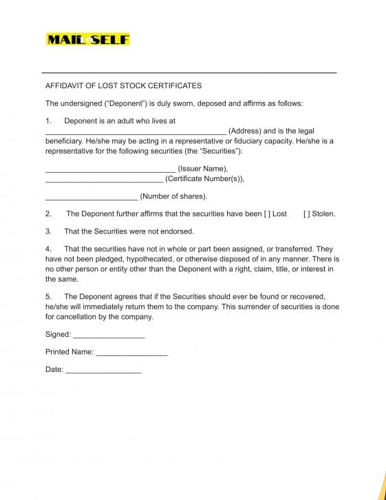 Emergency Affidavit of Lost Stock Certificate: How To, Templates ...