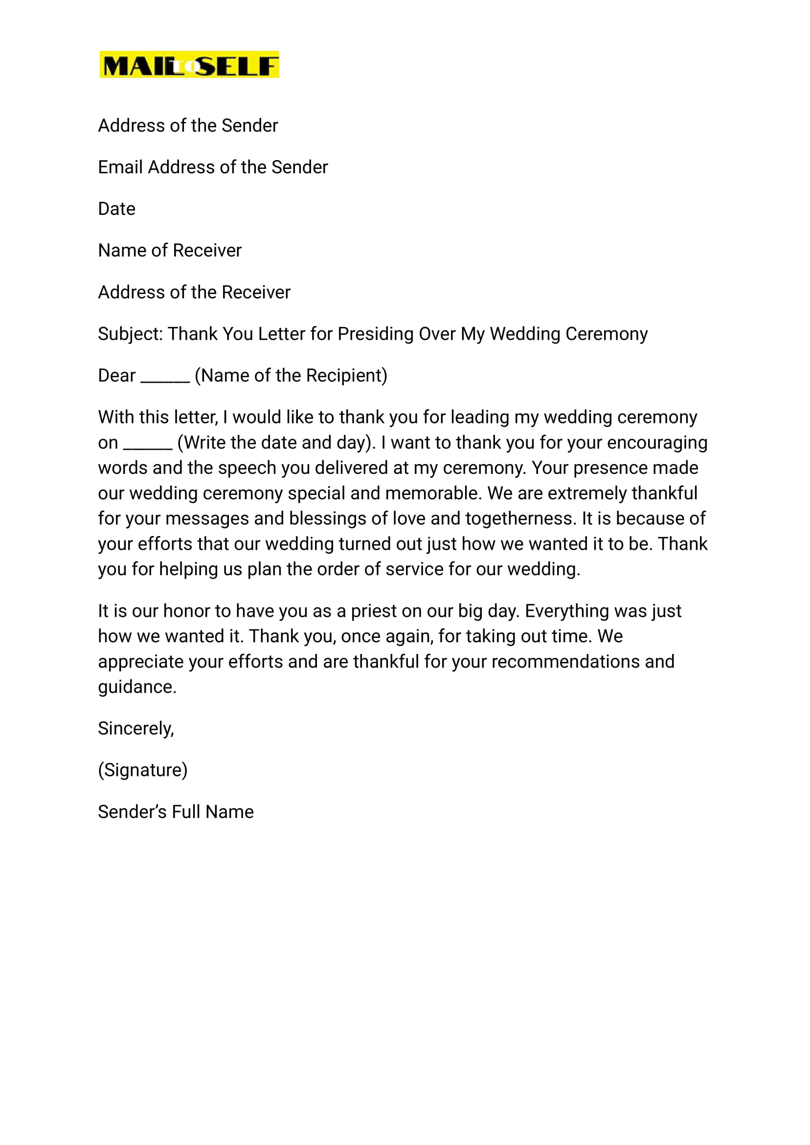 Thank You Letter To Priest How To Templates Examples Mail To Self