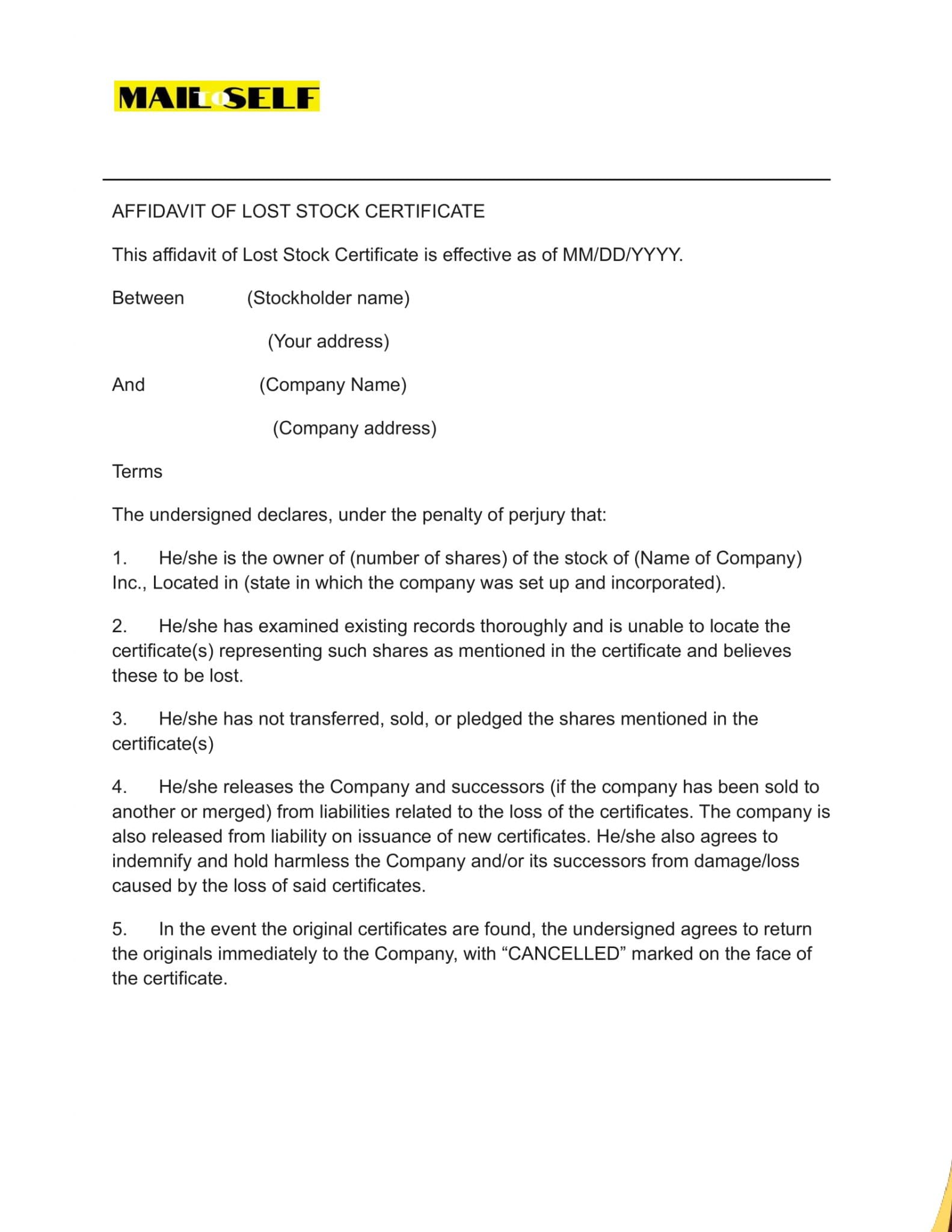 Emergency Affidavit of Lost Stock Certificate: How To, Templates ...