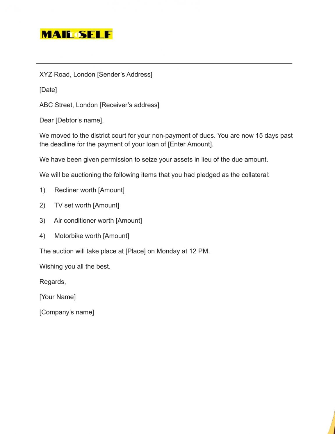 Notice Of Repossession Letter How To Templates Examples Mail To Self