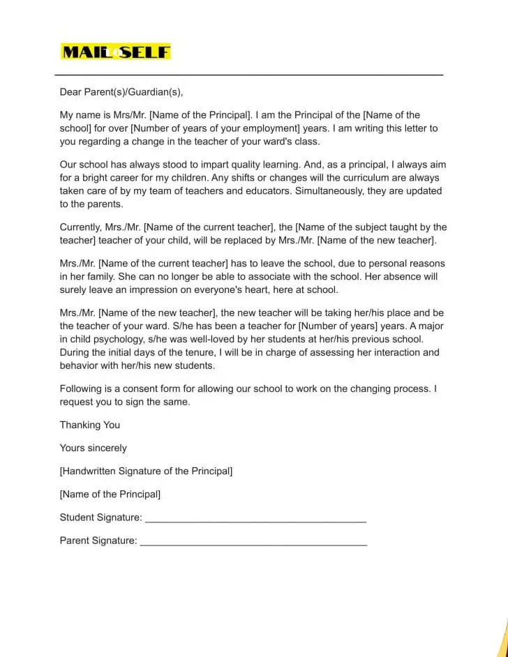 Principal Letter To Parents About Teacher Change How To Templates Examples Mail To Self