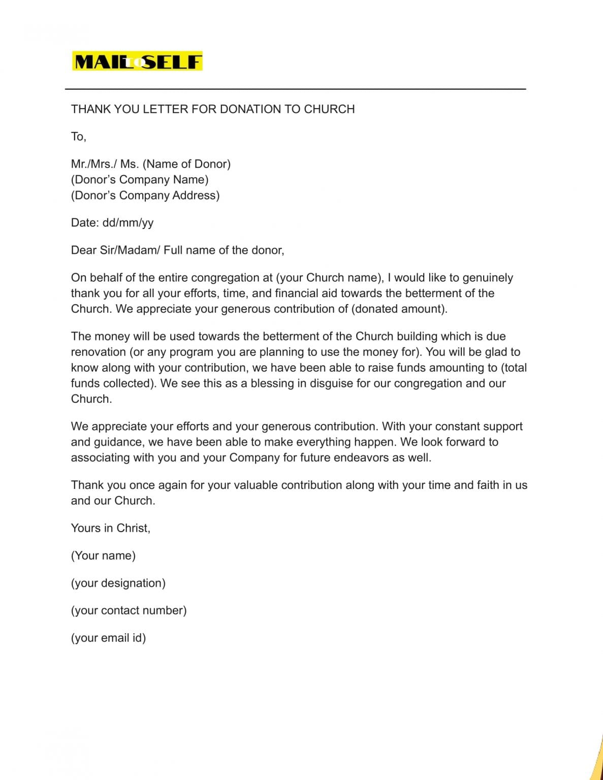 Thank You Letter For Donation To Church How To Templates Examples 