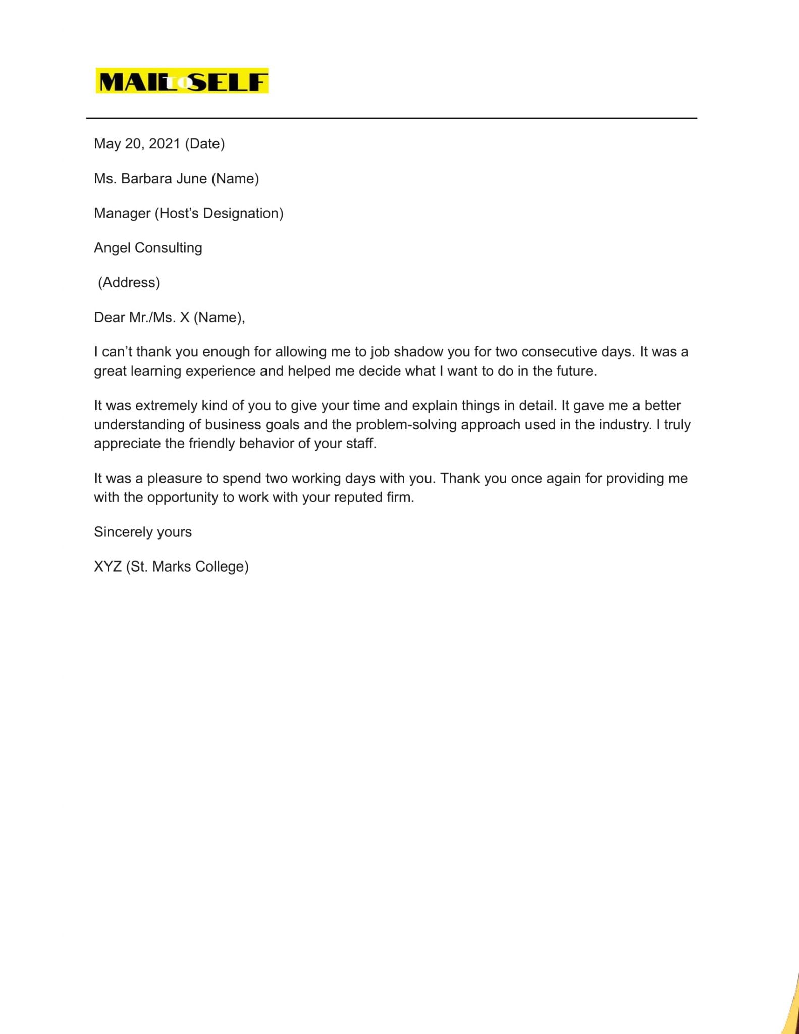 Thank You Letter For Job Shadowing How To Templates Examples Mail