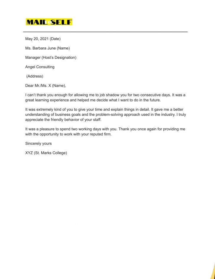 Thank You Letter For Job Shadowing How To Templates Examples Mail 