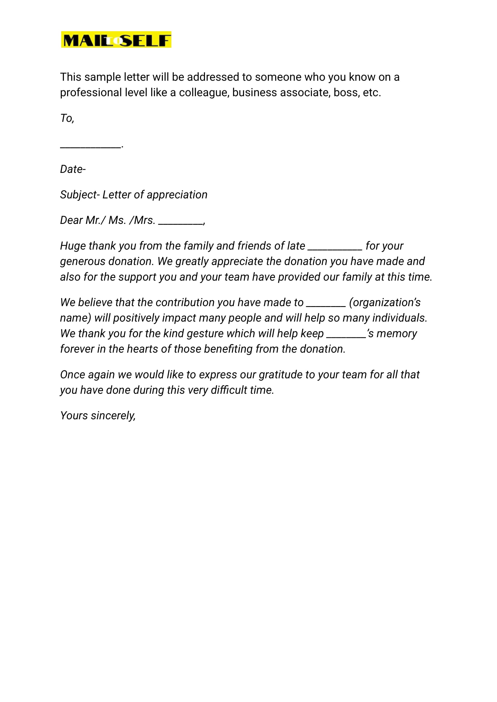 Thank You Letter For Donation In Memory Of The Deceased How To 